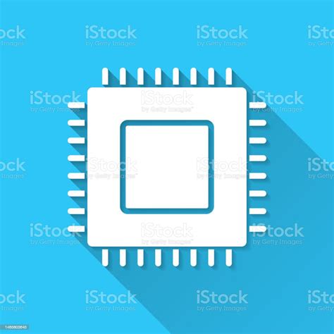 마이크로칩 파란색 배경에 아이콘 긴 그림자가 있는 평면 디자인 3차원 형태에 대한 스톡 벡터 아트 및 기타 이미지 3차원 형태 Cpu 개념 Istock