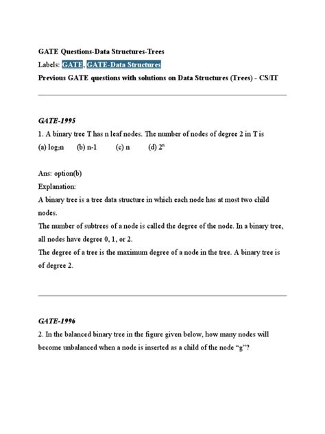 Gate Questions Data Structures Trees Pdf Data Management Mathematical Concepts