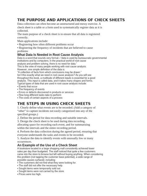 The Purpose And Applications Of Check Sheets Pdf Data