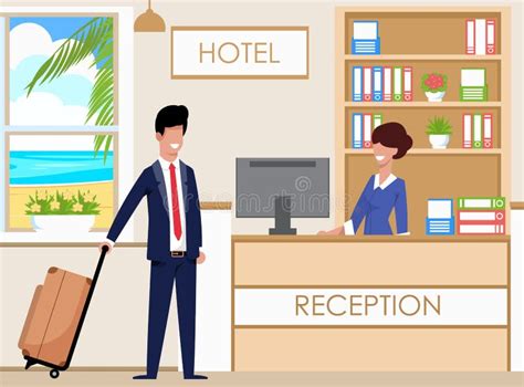 Hotel Reception Accommodates Guests Cartoon Stock Vector