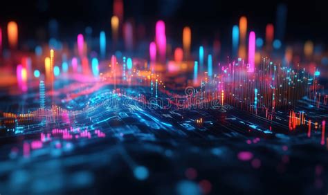 Colorful Abstract Data Visualization With Glowing Lines And Peaks In Digital Landscape Stock
