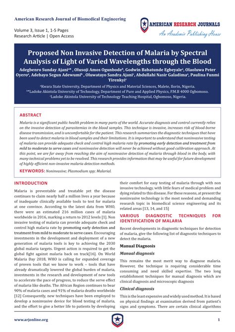 pdf proposed non invasive detection of malaria by spectral analysis