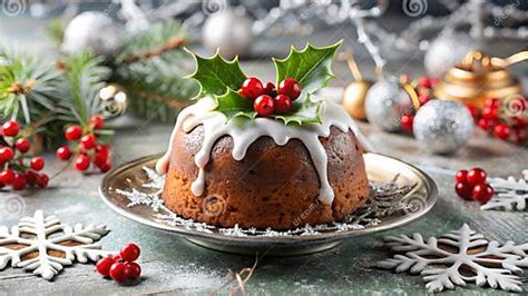 Traditional Christmas Pudding In A Silver Snowflake Setting Stock