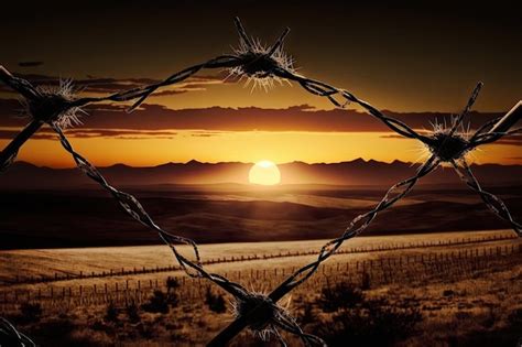 Premium Ai Image Barbedwire Fence With A View Of The Sunrise Over The