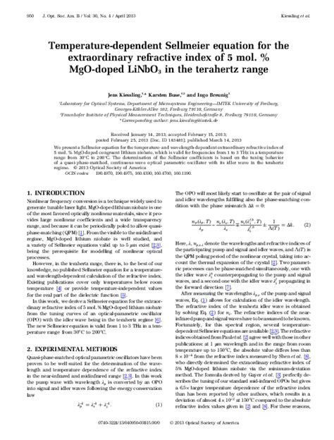 Pdf Temperature Dependent Sellmeier Equation For The Extraordinary