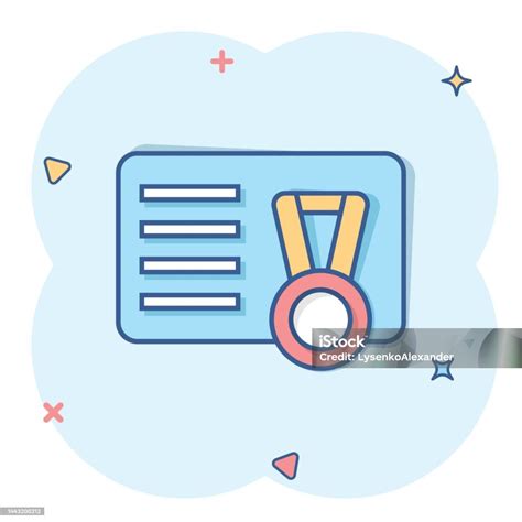 만화 스타일의 메달 아이콘이있는 Vip 카드 흰색 고립 된 배경에 문서 상 트로피 만화 벡터 일러스트레이션 우승자 배지 스플래시 효과 비즈니스 컨셉 경쟁에 대한 스톡 벡터