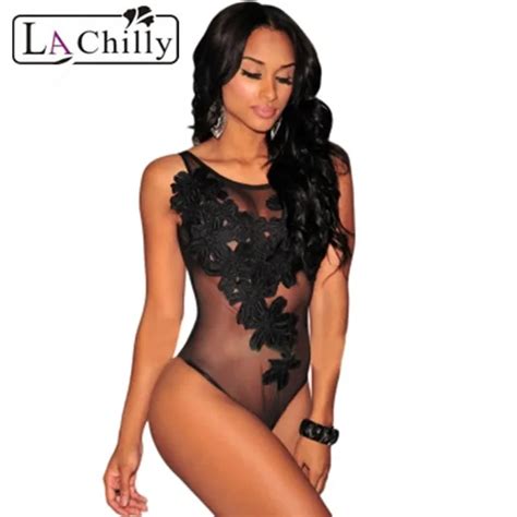 La Chilly 2017 Sexy Black Floral Embroidered Sheer Mesh Bodysuit Lc3237