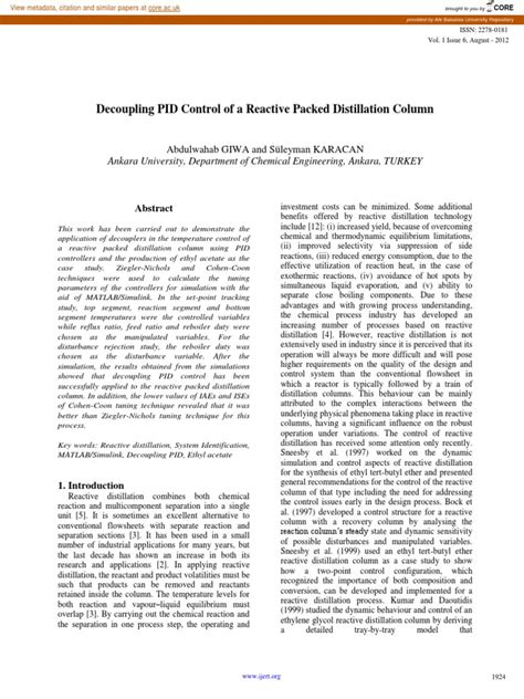 Decoupling Pid Control Of A Reactive Packed Distillation Column Pdf
