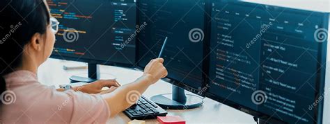 Female Programer Explain While Pointing Code Displayed On Computer Burgeoning Stock Image