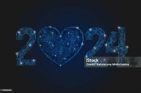 2024년 새해 번호의 추상적인 고립된 파란색 이미지입니다 다각형 로우 폴리 와이어 프레임 그림은 스파 또는 날아 다니는 유리 파편으로 블래스크 밤하늘의 별처럼 보입니다
