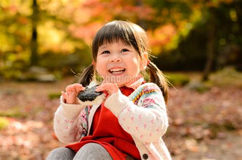 紅葉の公園でおにぎりを食べる女の子の写真素材 [fyi01569267] ストックフォトの Qlean Market