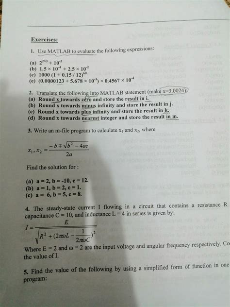 Solved Exercises 1 Use Matlab To Evaluate The Following