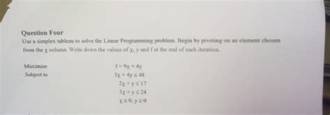 Solved Question Four Use A Simplex Tableau To Solve The Chegg