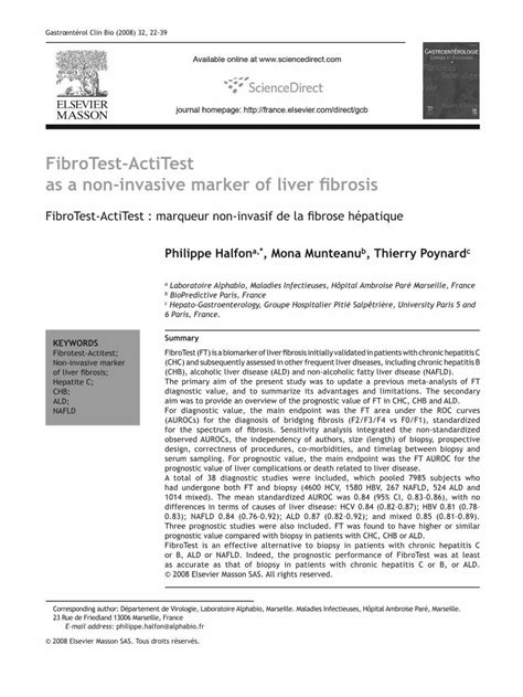 Pdf Fibrotest Actitest As A Non Invasive Marker Of Liver Fibrosis