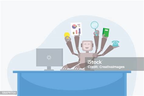 사무실에서 많은 작업작업으로 작업하는 멀티태스킹 로봇 개념에 대한 스톡 벡터 아트 및 기타 이미지 개념 개선 과학