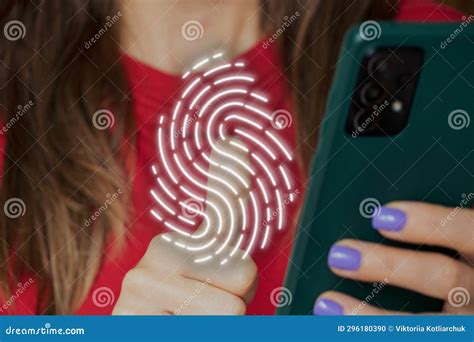 The Girl Presses Her Fingers On The Virtual Fingerprint Of The Phone Password And Data Security