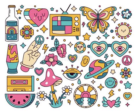 Retro Hippie Stickers Groovy Doodle Flower Rainbow And Mushroom