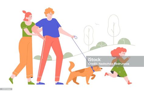 가족은 개와 함께 공원에서 산책 엄마 아빠와 딸은 함께 야외에서 즐거운 시간을 보내고 있습니다 벡터 플랫 일러스트레이션 4 5
