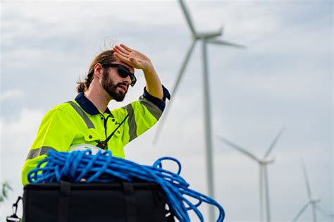 안전 장비를 착용한 작업자가 구름 낀 하늘 아래 풍력 발전 단지에서 장비를 관리하면서 휴식을 취하고 있습니다 가구에 대한 스톡 사진 및 기타 이미지 Istock