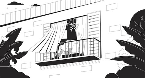 발코니에서 휴식을 취하세요 흑백 Lo Fi 미적 벽지 바람에 날리는 커튼 윤곽선 2d 벡터 만화 내부 그림 단색 Lofi 배경