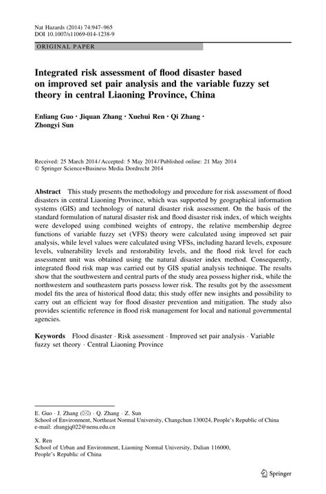 Pdf Integrated Risk Assessment Of Flood Disaster Based On Improved