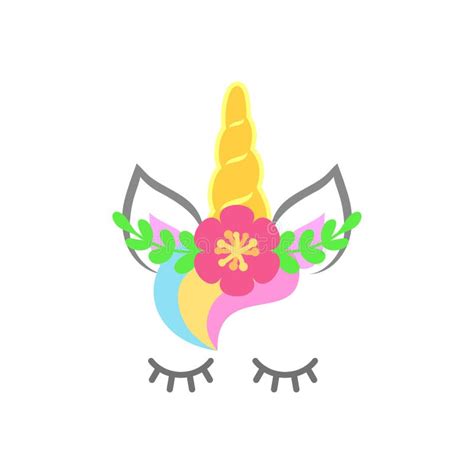 Cute Unicorn Face With Gold Horn And Flowers Isolated On White