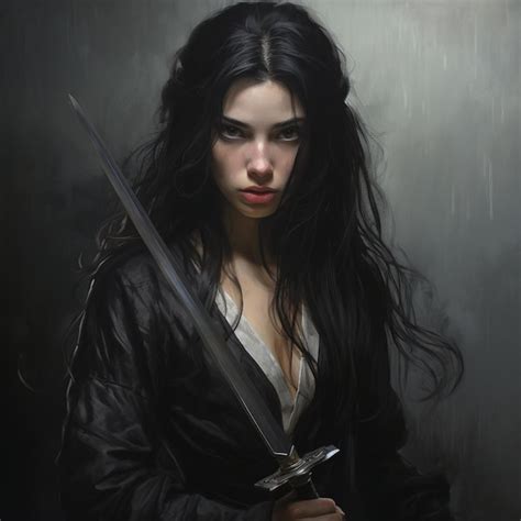 Premium Ai Image A Woman With Long Black Hair Holding A Sword