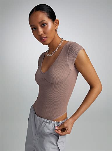 V Neck Ribbed Second Skin Bodysuit Twik Bodysuits For Women