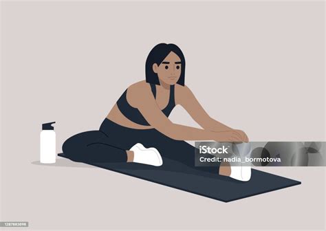 운동 세션 햄스트링 스트레칭 스포츠와 웰빙을하고 젊은 여성 캐릭터 가정 생활에 대한 스톡 벡터 아트 및 기타 이미지 가정