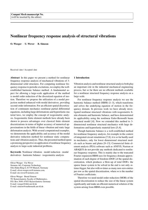 Pdf Nonlinear Frequency Response Analysis Of Structural Vibrations