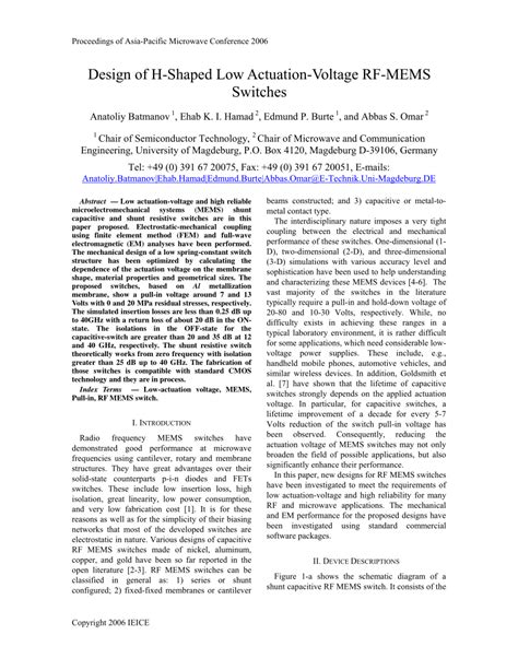 PDF Design Of H Shaped Low Actuation Voltage RF MEMS Switches