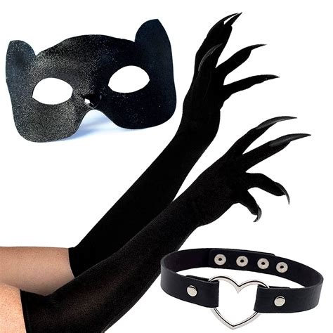 Black Cat Costume Accessories Set With Glitter Masquerade Mask Cat
