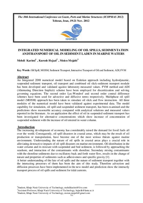 Pdf Integrated Numerical Modelling Of Oil Spills Sedimentation And Transport Of Oil In