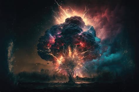 Premium Ai Image Powerful Explosion With Lightning And Smoke At Night