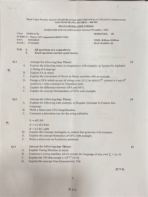 sybsc sem3 regular qp october 2023 pdf
