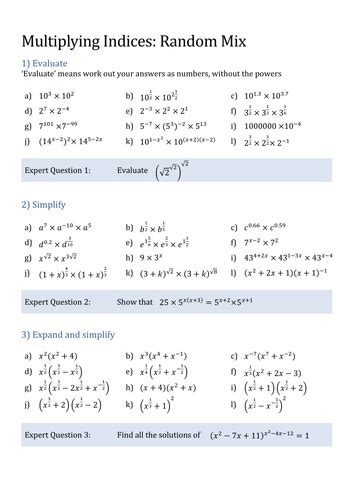 Multiplying Indices Mixed Tough Examples Teaching Resources