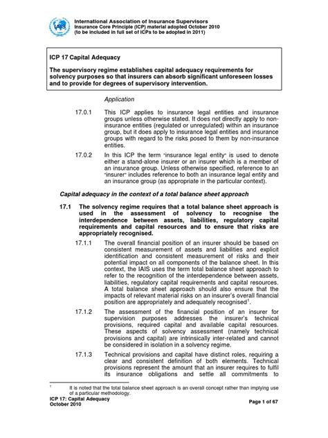 Icp 17 Capital Adequacy Standards And Guidance Material Pdf Insurance Capital Requirement