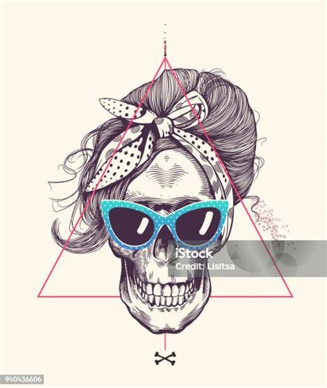 멋진 스카프와 Hipster 추상 배경 안경 착용 유행 헤어스타일으로 목 판 스타일에 여자의 해골 벡터 일러스트 레이 션 티셔츠