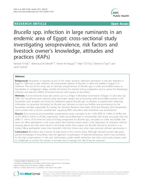 Pdf Brucella Spp Infection In Large Ruminants In An Endemic Area Of Egypt Cross Sectional