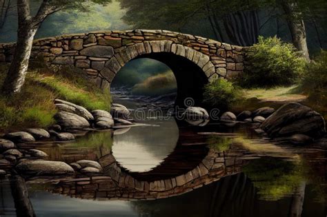 Rustic Stone Bridge Over Babbling Brook With Reflection In The Water