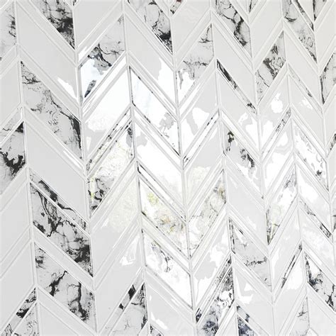 White Chevron Marble Look Glass Mosaic Backsplash Tile