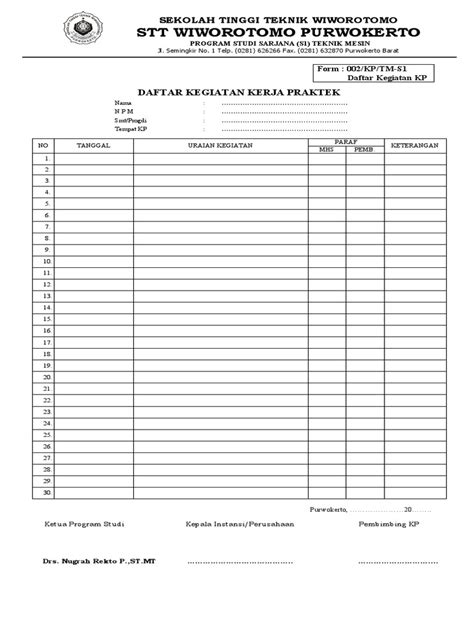 Form Daftar Kegiatan Kp Pdf