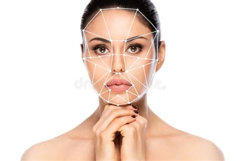 Biometric Authentication Concept Facial Recognition System Of Beautiful Woman Isolated Stock