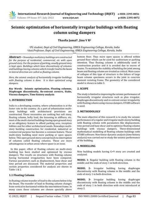 Seismic Optimization Of Horizontally Irregular Buildings With Floating Column Using Dampers Pdf