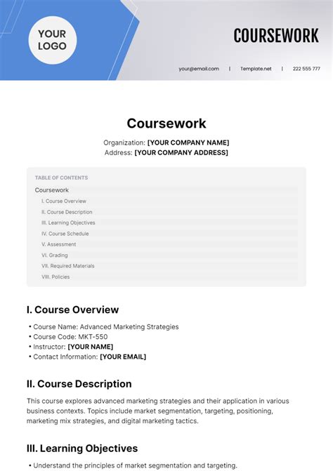 Free Coursework Template To Edit Online