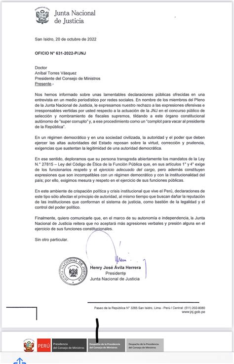 Junta Nacional de Justicia advierte a Aníbal Torres que no aceptará más agravios verbales Infobae