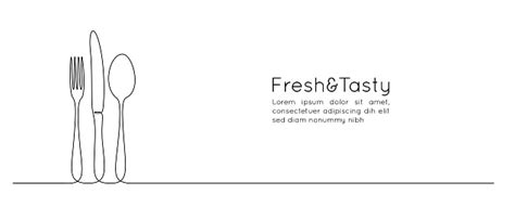 음식 도구의 연속 선 그리기 스푼 포크와 나이프는 간단한 선형 스타일의 장식 리스토란 메뉴입니다 손으로 그린 간판 또는 로고 카페 편집 가능한 스트로크 낙서 벡터 일러스트