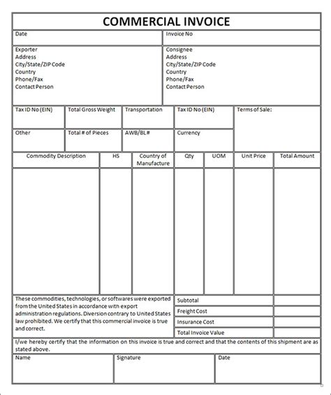 Free Fillable Commercial Invoice Template