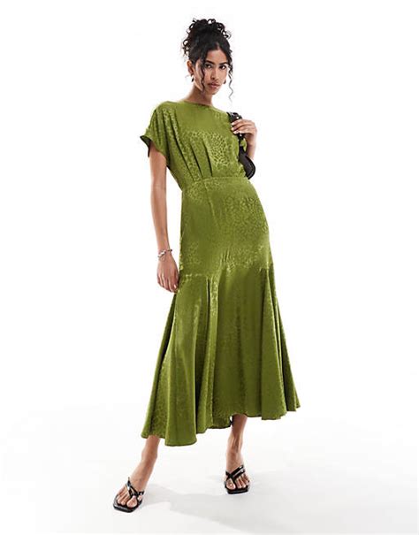 Never Fully Dressed Cap Sleeve Satin Jacquard Midaxi Dress In Olive Asos