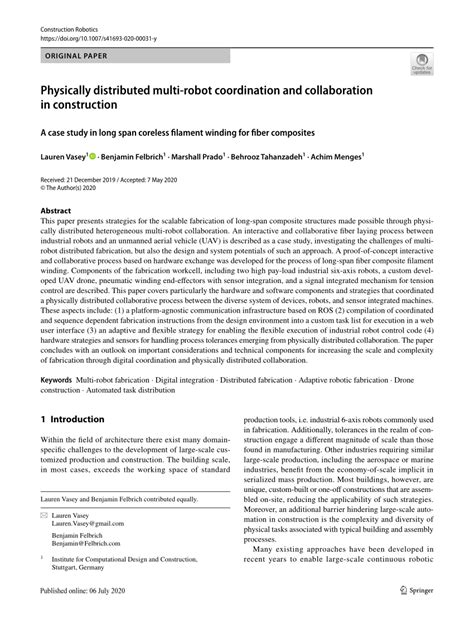 Pdf Physically Distributed Multi Robot Coordination And Collaboration In Construction A Case